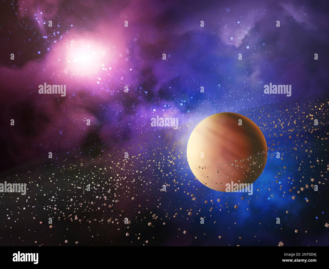 Fantasy spacescape with ringed planet and a colorful nebula. Digital ...