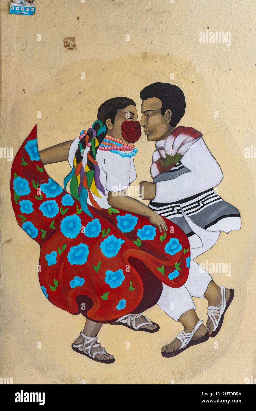 Painting of dancers performing the jarabe dance in traditional dress ...