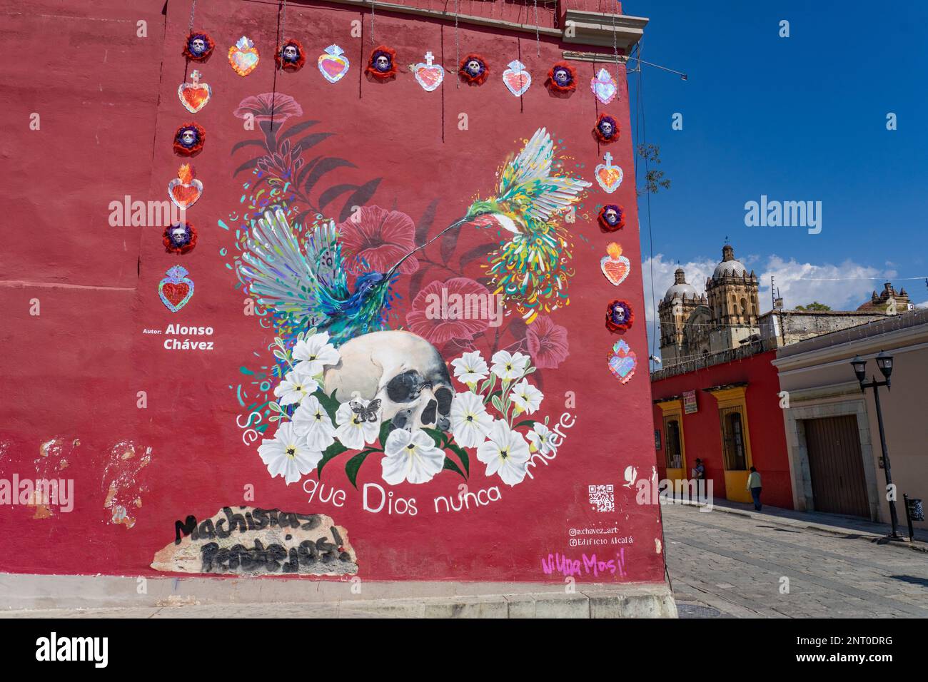 A wall mural by artist Alonxo Chavez on a building on Calle Macedonia ...