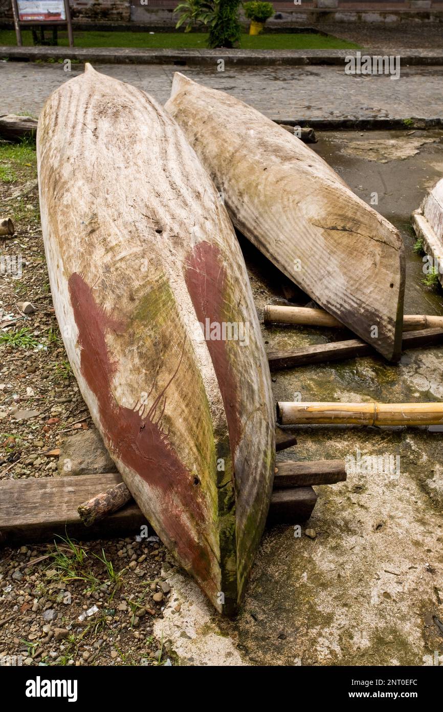 Wooden cayucos or canoes made from a single, hollowed-out log ...