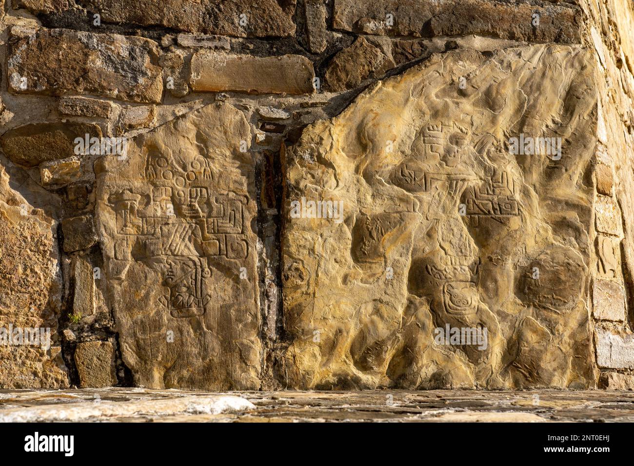 Detail of stone carvings on the Observatory, Building J, in the pre ...