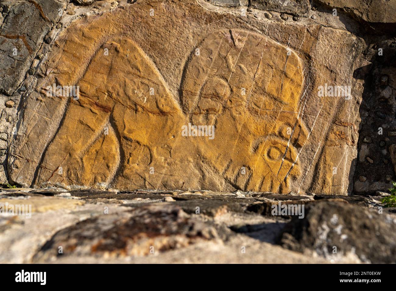 Detail of stone carvings on the Observatory, Building J, in the pre ...