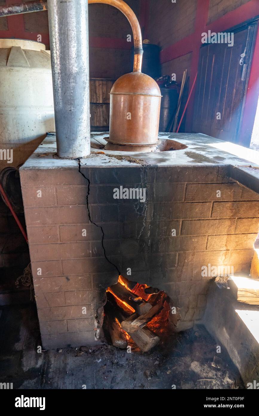 A traditional mezcal still at an artisanal mezcal distillery in ...