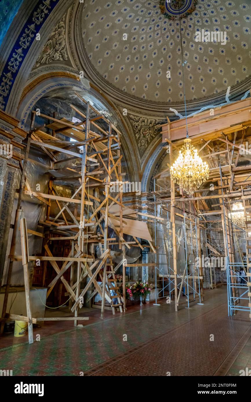 Wooden scaffolding for restoration work in the Santiago Apostal Church ...