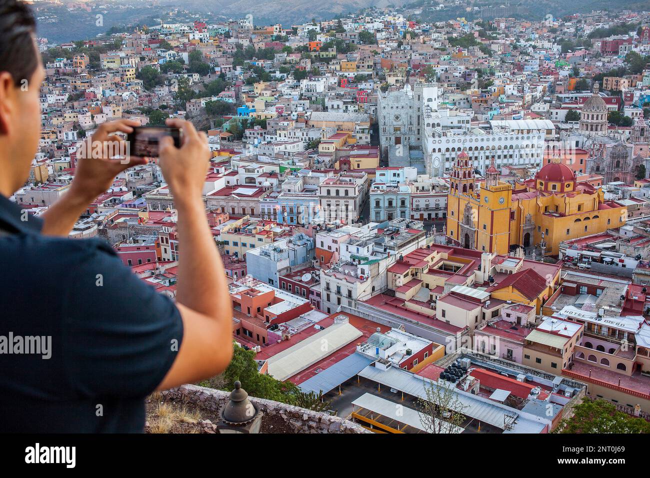 Tourist, View of Guanajuato from the `Mirador el Pipila´, state ...