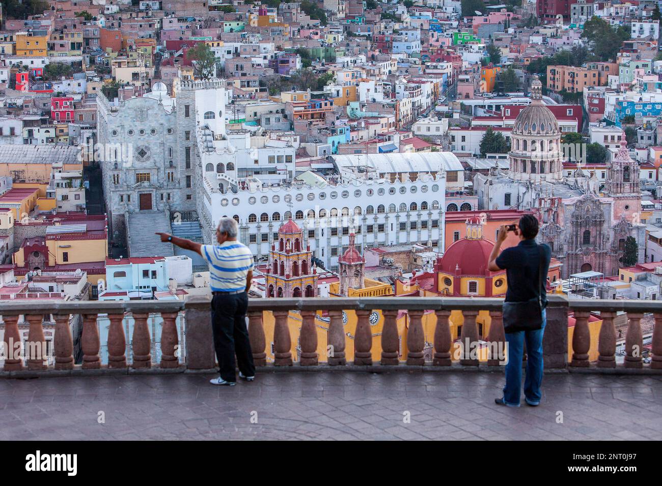 Tourists, View of Guanajuato from the `Mirador el Pipila´, state ...