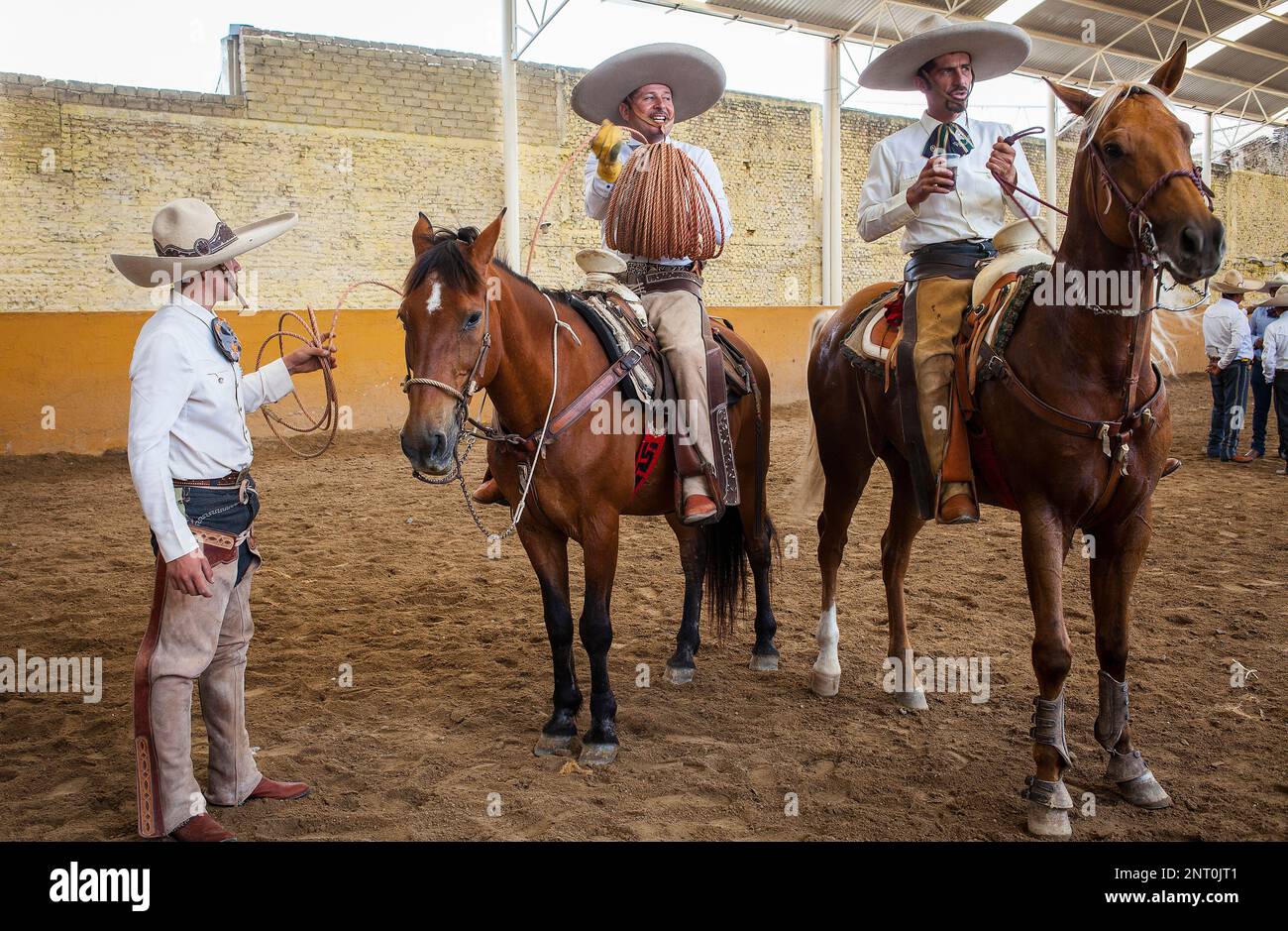 Mexican charros. A charreada Mexican rodeo at the Lienzo Charro Zermeno ...