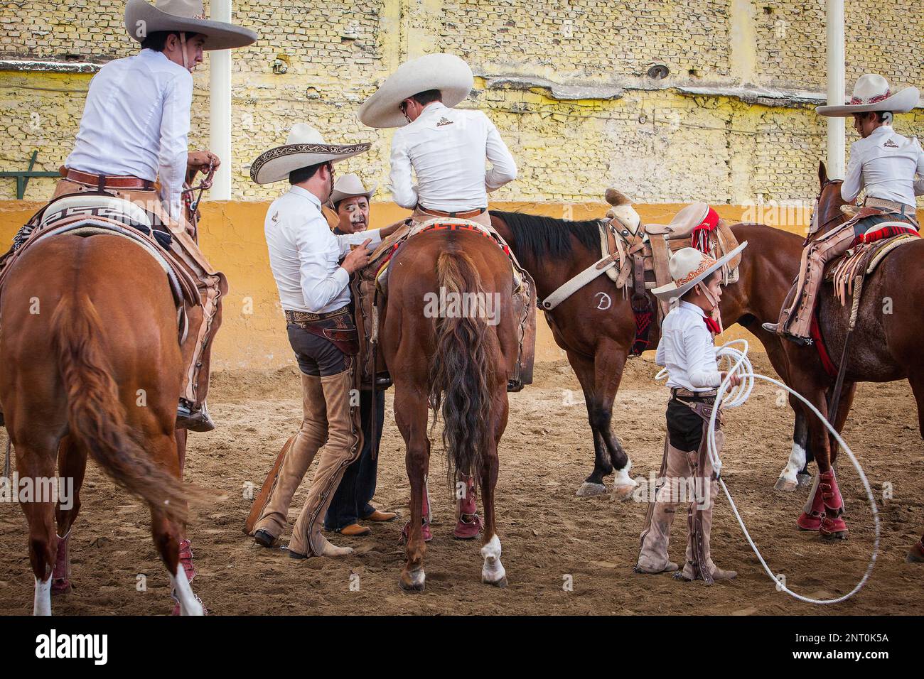 Mexican charros. A charreada Mexican rodeo at the Lienzo Charro Zermeno ...