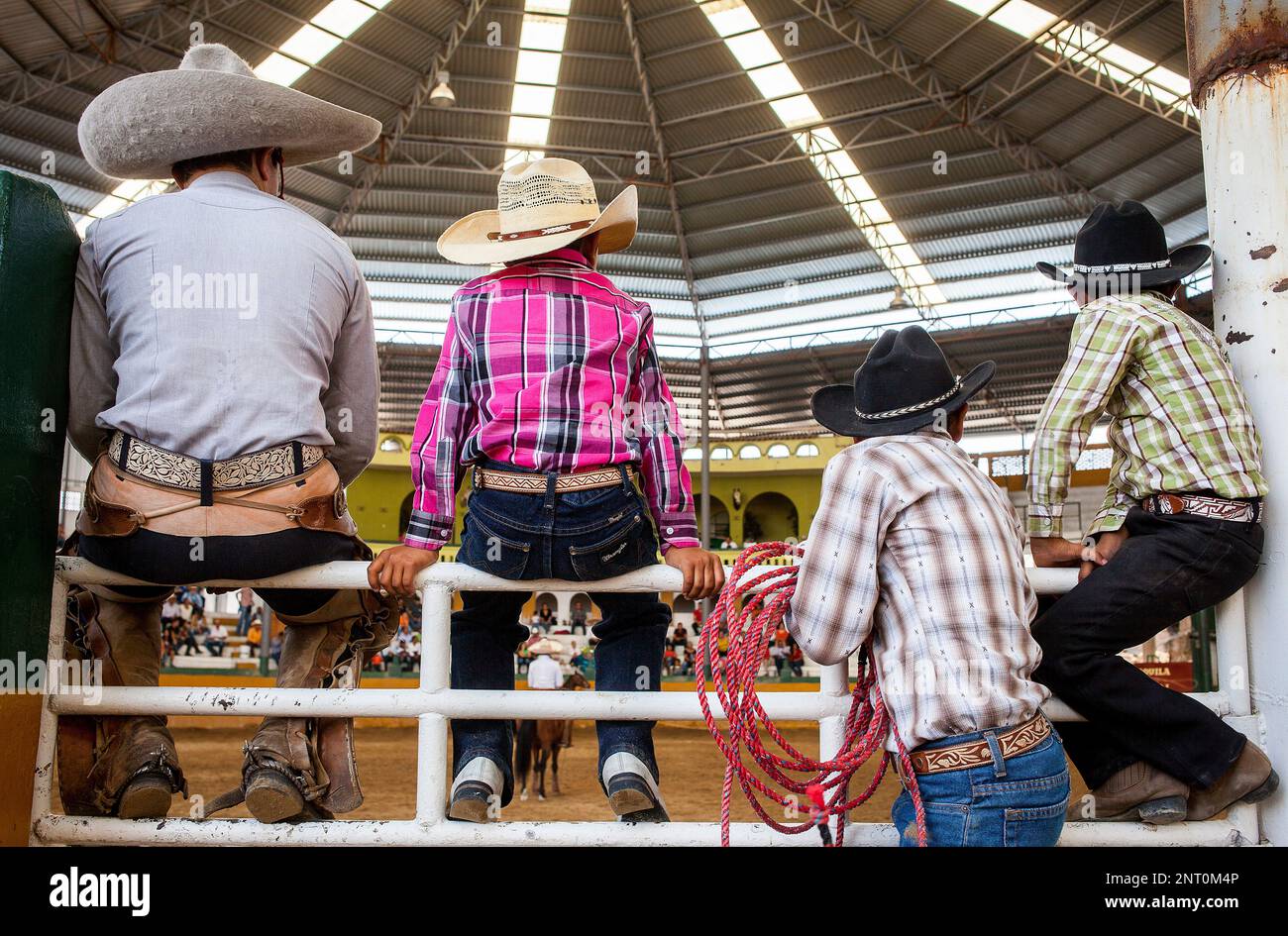 Spectators watch a charreada Mexican rodeo at the Lienzo Charro Zermeno ...