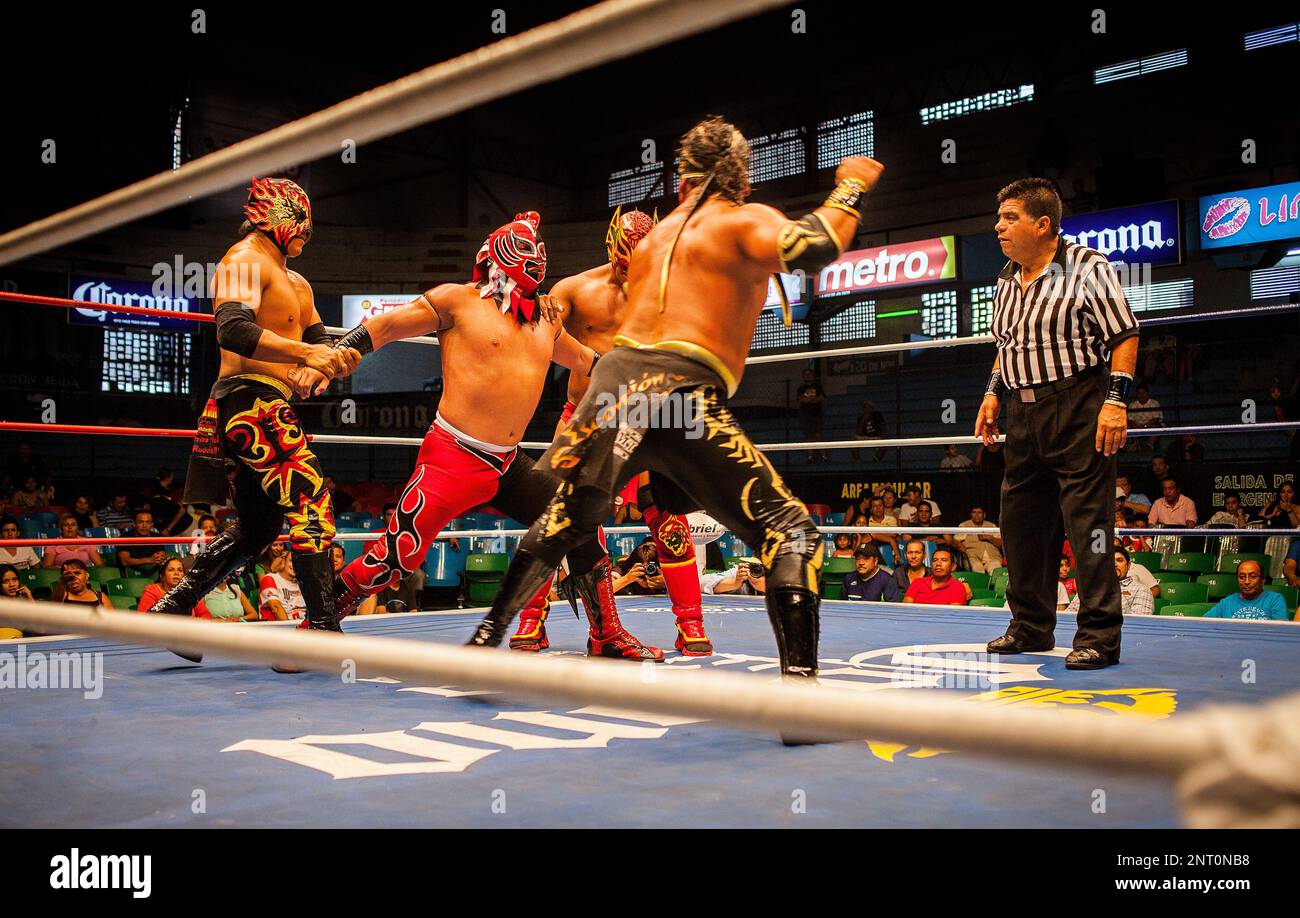 Wrestlers perform in a Lucha Libre event in Guadalajara Arena Coliseo ...