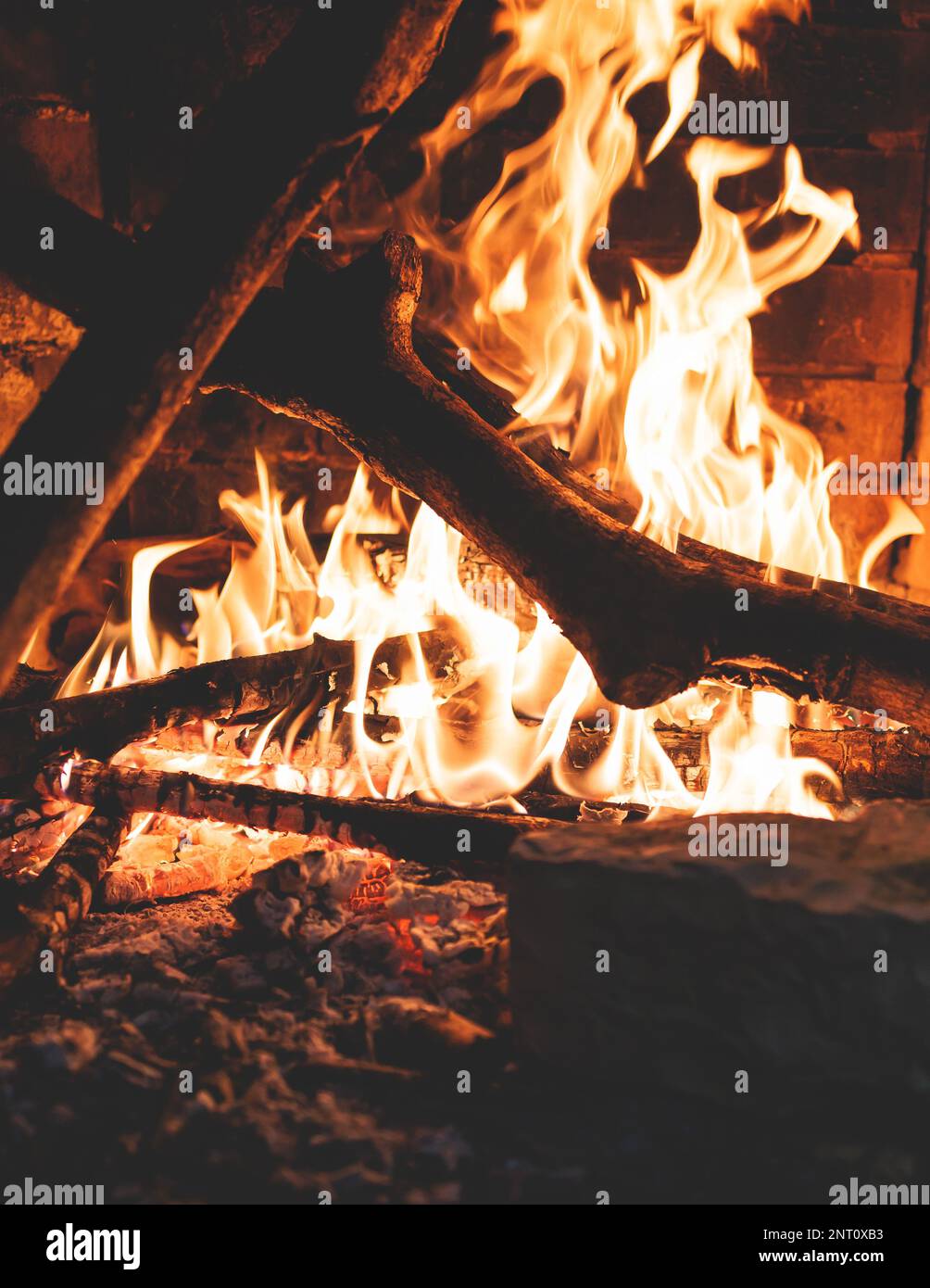Warming up by the fire, cozy winter night in the cabin by the fireplace ...