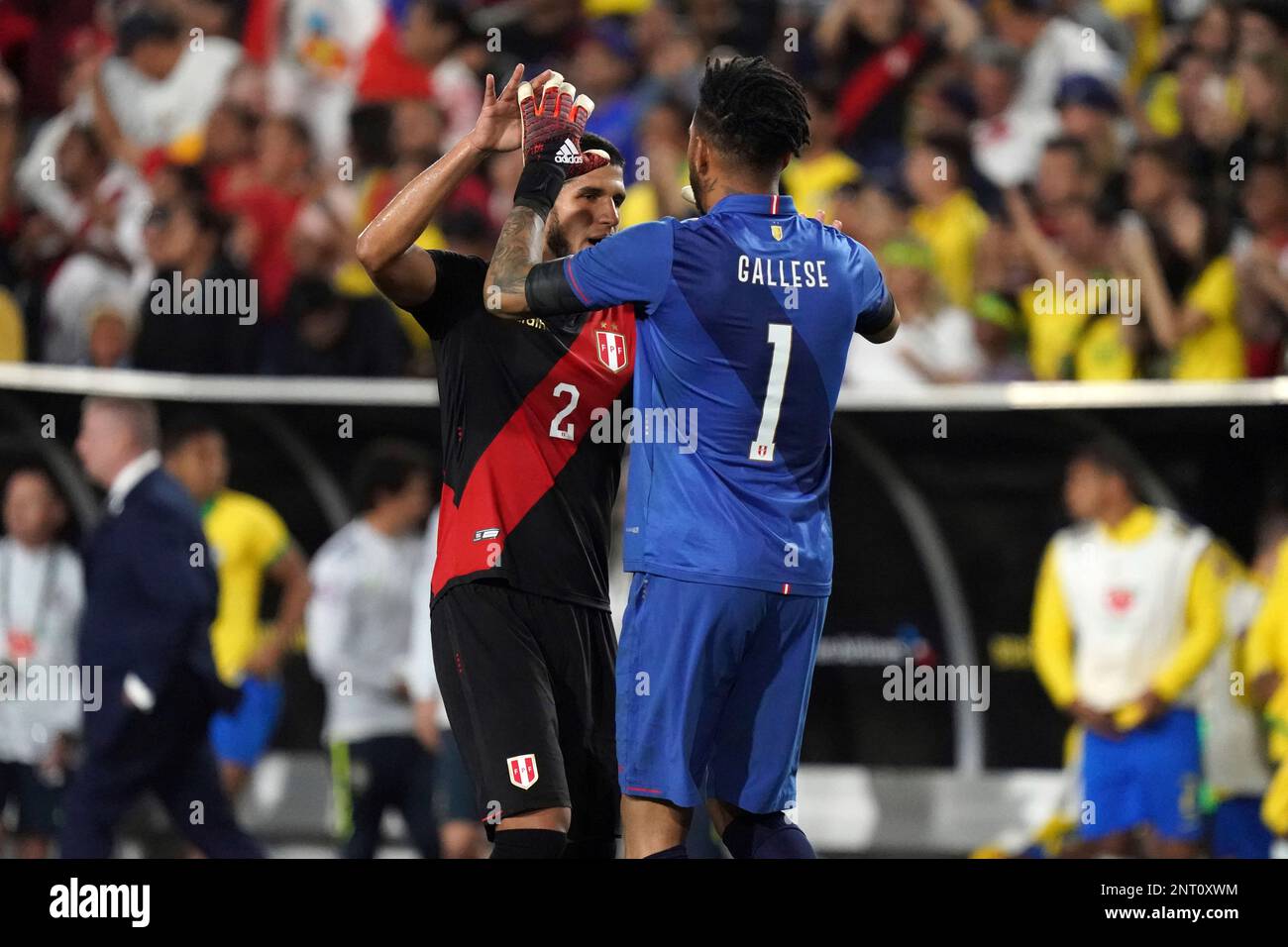 Peru goalkeeper Pedro Gallese (1) and defender Luis Abrahm (2 ...