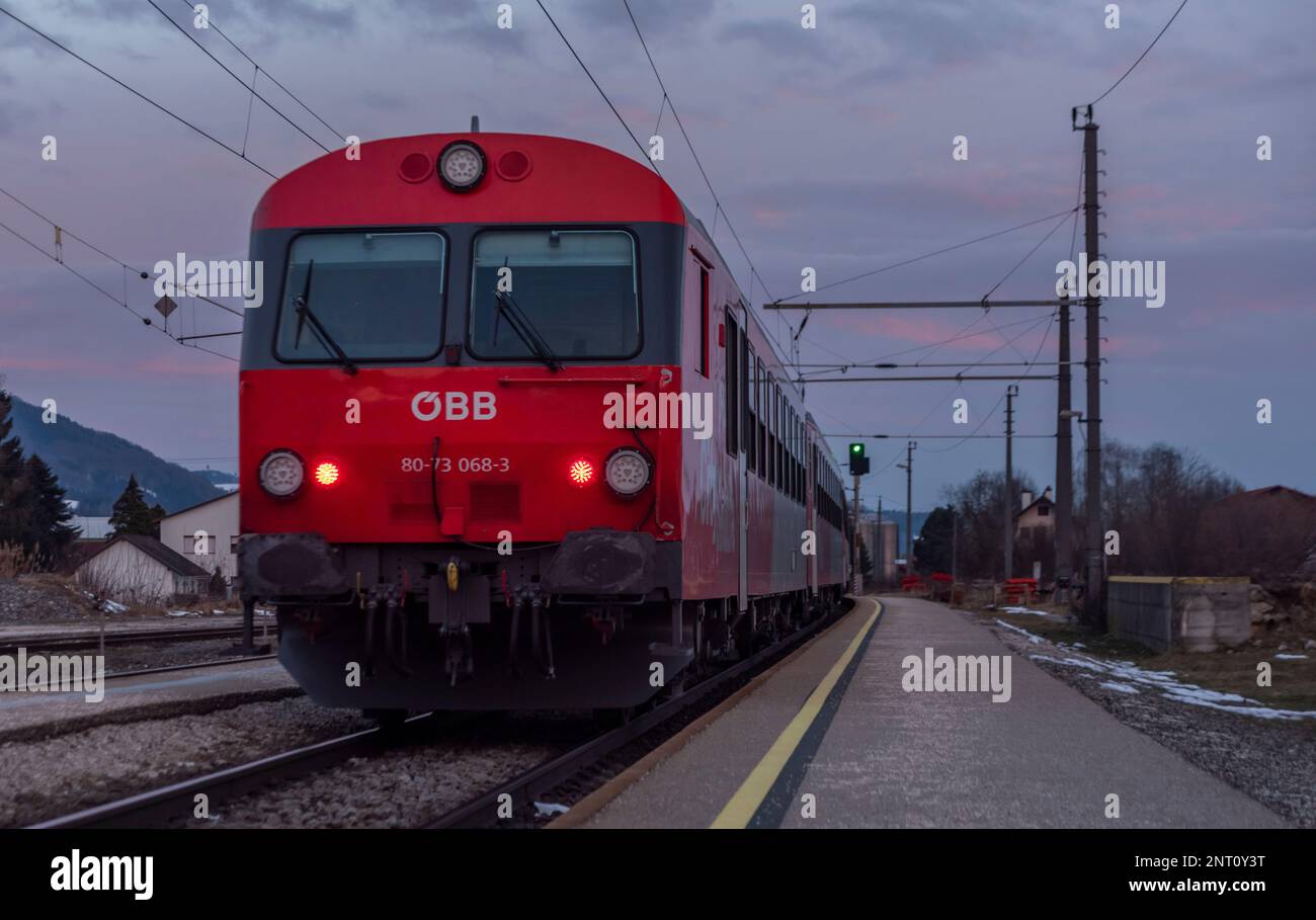 Austria red fast nice passenger trains in Micheldorf station 02 11 2023 ...