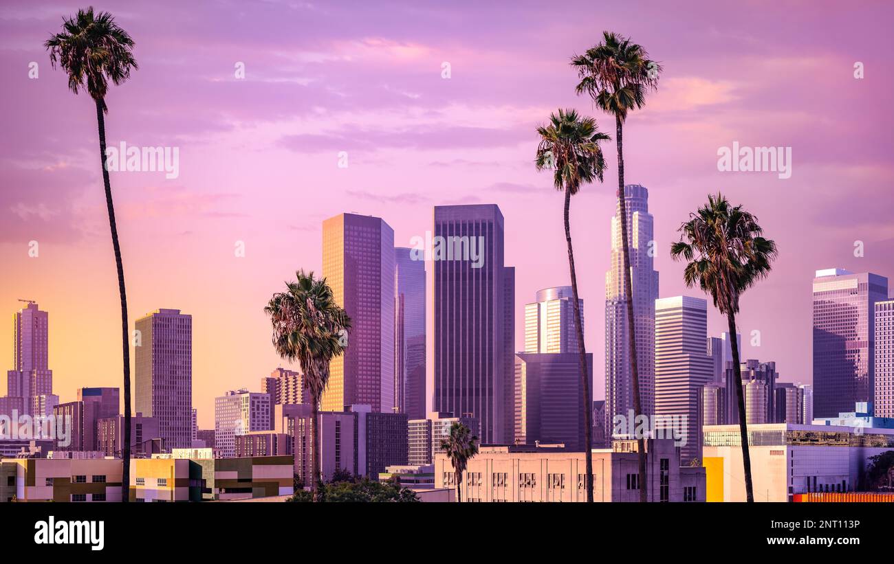 the skyline of los angeles during sunrise, california Stock Photo - Alamy