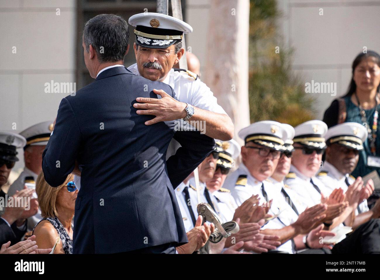 Los Angeles city fire Chief Ralph Terrazas hugs mayor Eric Garcetti at ...