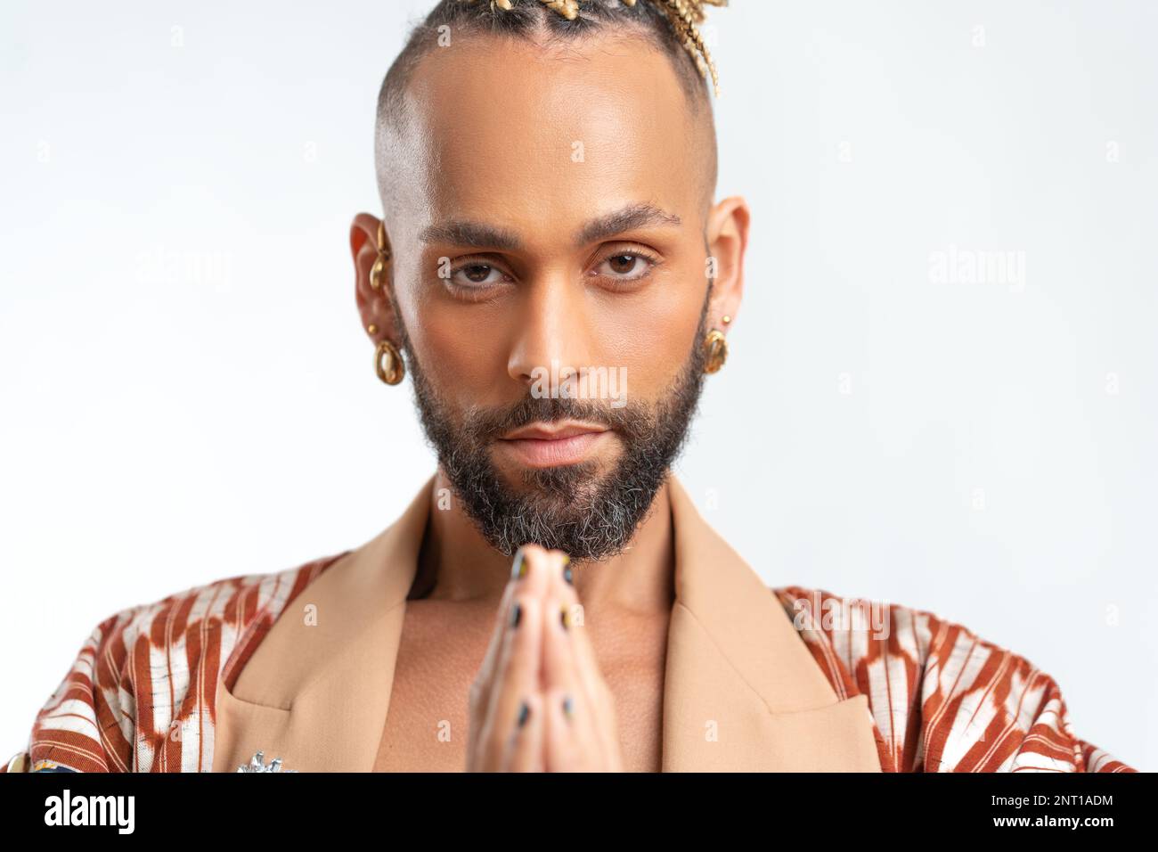 Patience, calmness and meditation concept. Peaceful relieved bearded ...