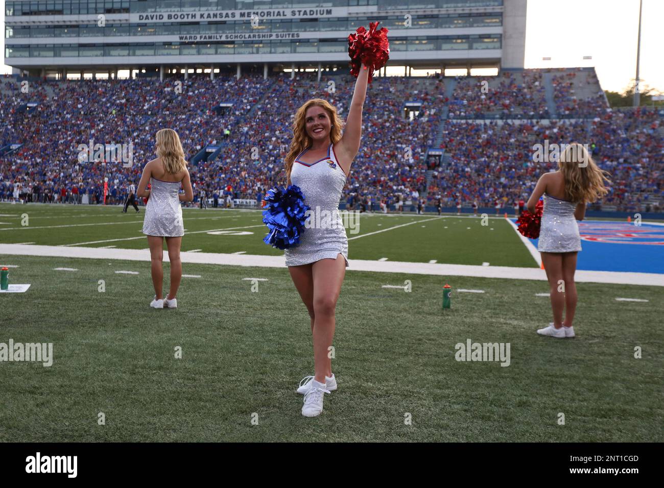 LAWRENCE, KS - SEPTEMBER 07: A Kansas Jayhawks cheerleader in the first ...
