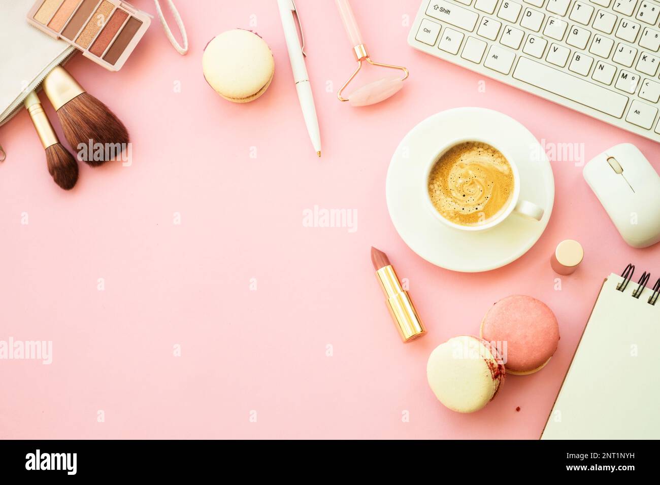 Creative Pink flat lay background with keyboard, notebook, coffee cup ...
