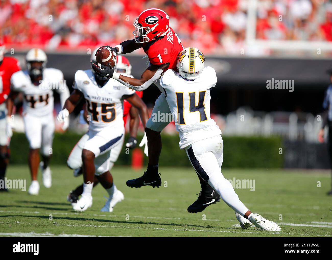 ATHENS, GA - SEPTEMBER 07: Georgia Bulldogs wide receiver George Pickens (1) makes a leaping ...