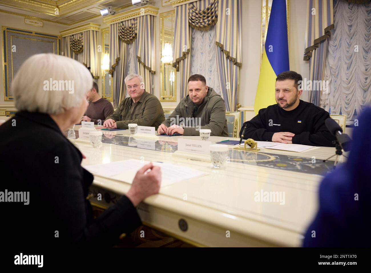 Kyiv, Ukraine. 27th Feb, 2023. U.S Treasury Secretary Janet Yellen, left, delivers remarks ...