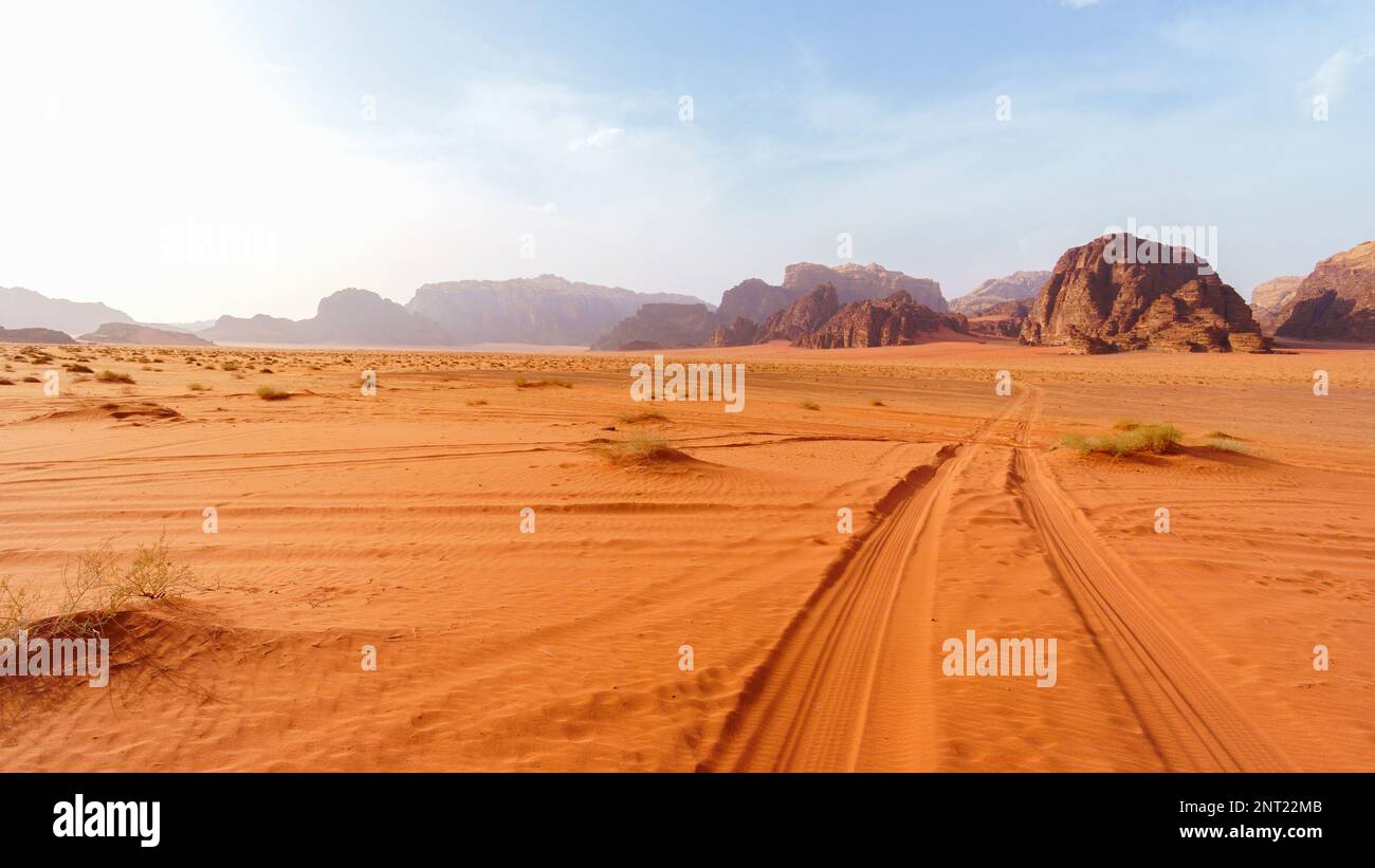 Wadi Rum desert, Jordan, The Valley of the Moon. Orange sand, haze ...