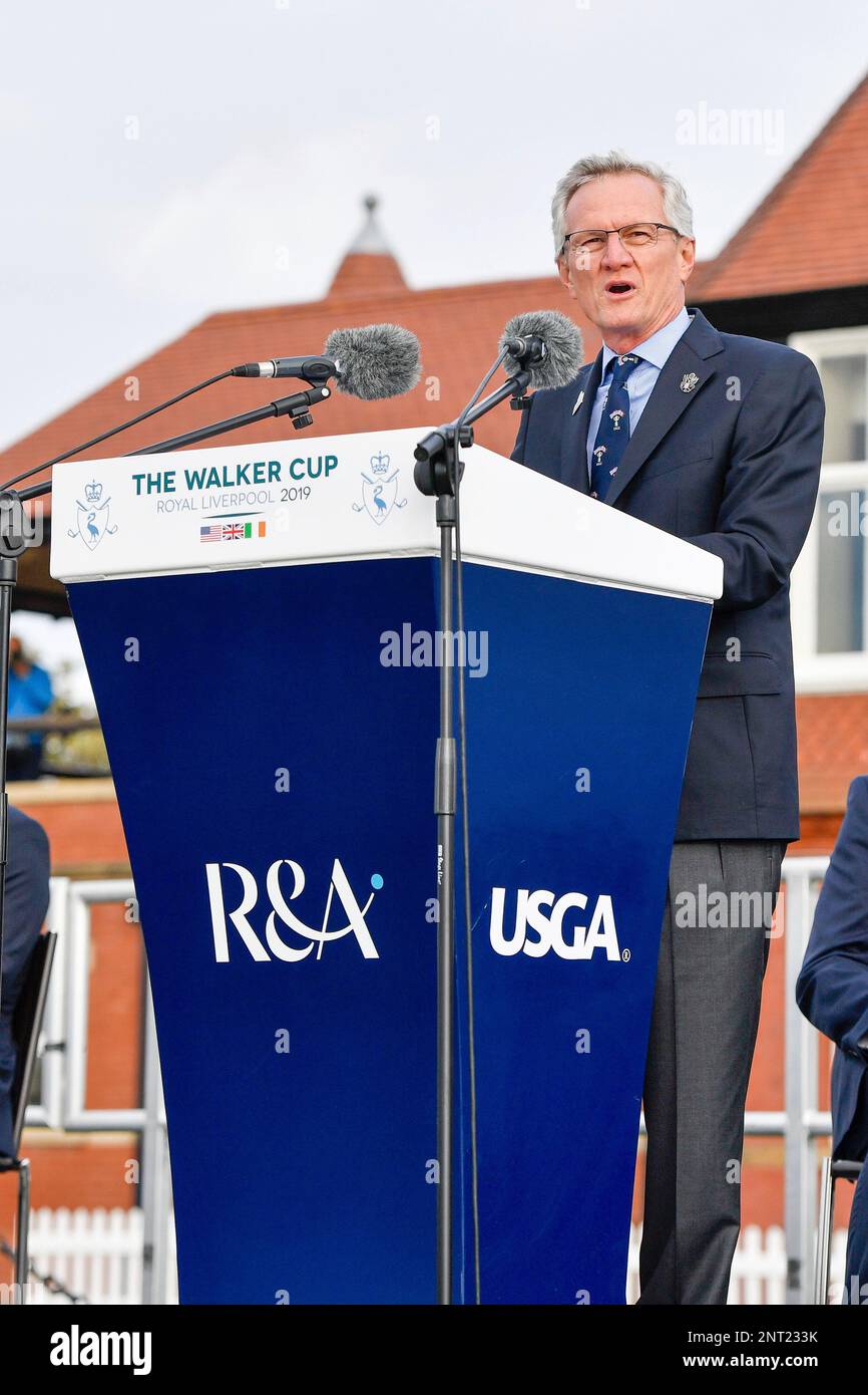 Mark Newall, President of the USGA gives his welcome speech during the Walker Cup Opening ...