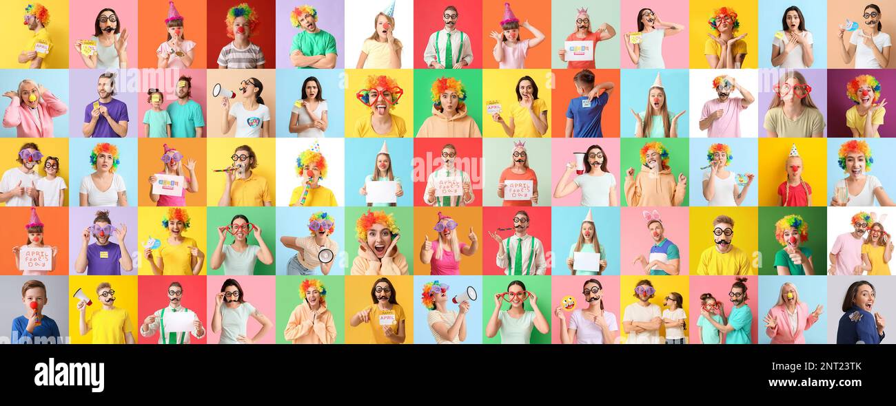 Group of different people with funny disguise on color background ...