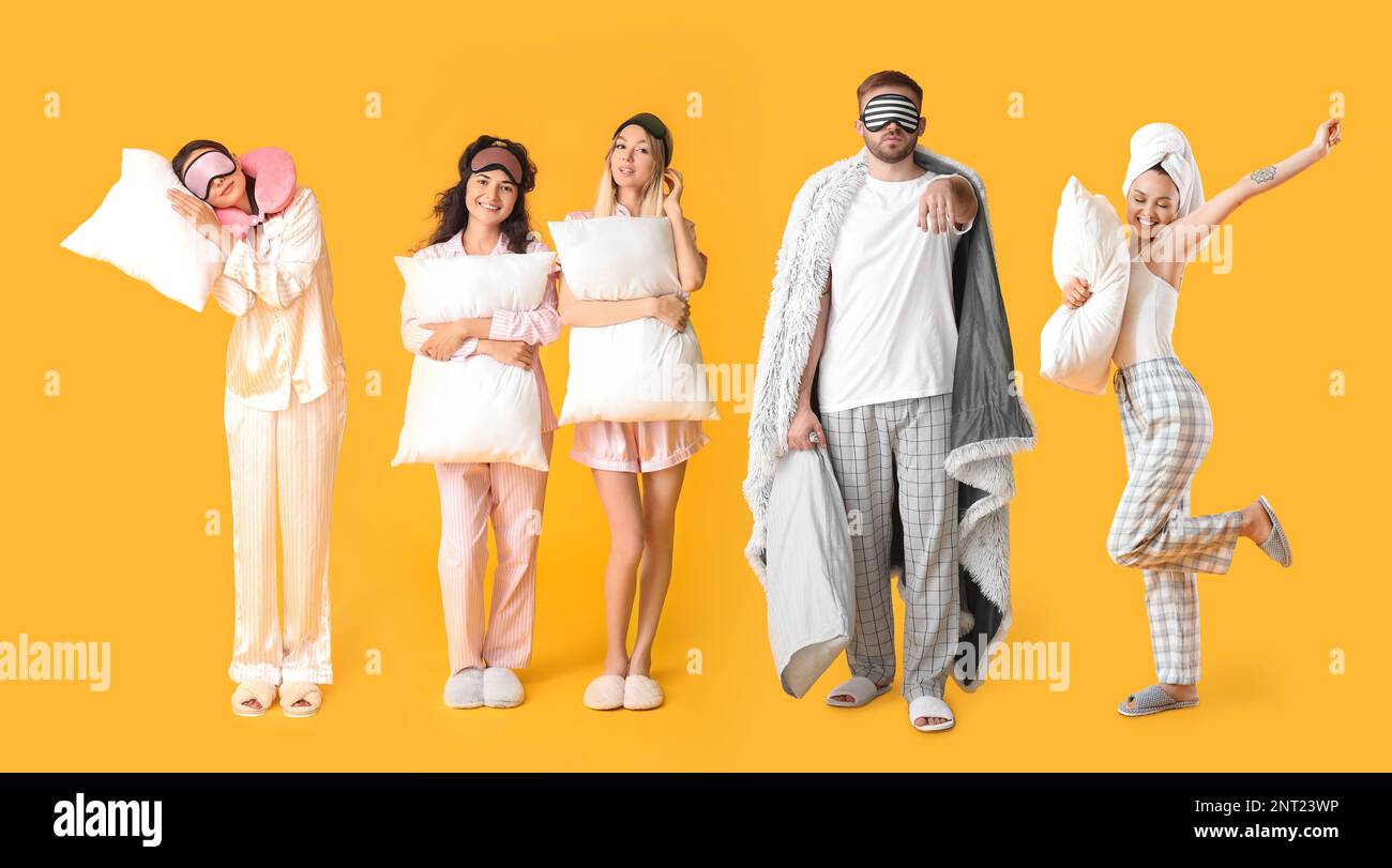 Collage of young people in pajamas, with sleep masks and pillows on ...
