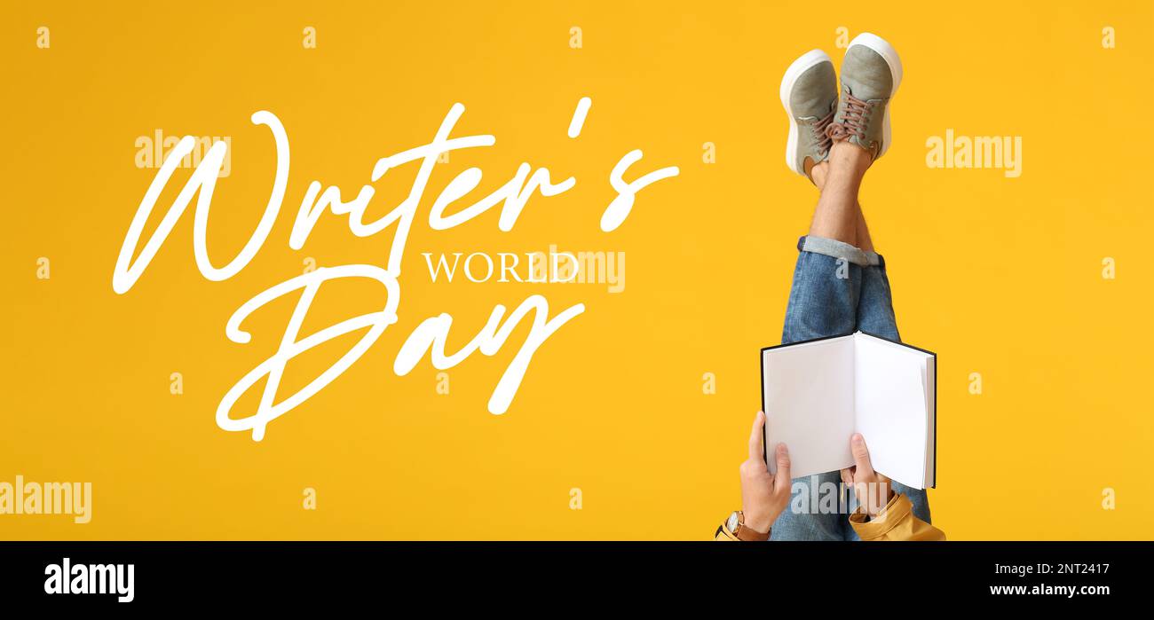 Banner for World Writer's Day with man reading book Stock Photo - Alamy