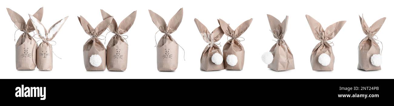 Collage of paper Easter bunny gift bags on white background Stock Photo ...