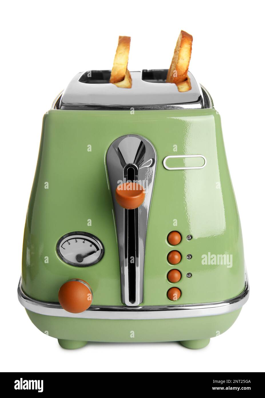 Modern toaster with crispy bread slices isolated on white background Stock Photo - Alamy