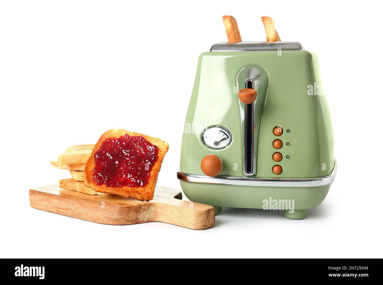 Bread slices in modern toaster and tasty toasts with jam isolated on white background Stock ...