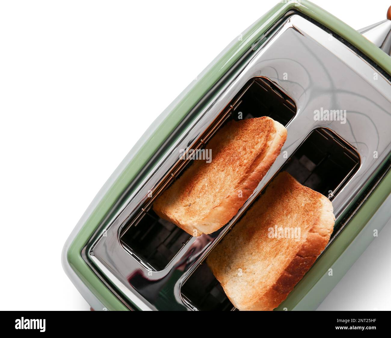 Modern toaster with crispy bread slices on white background Stock Photo - Alamy