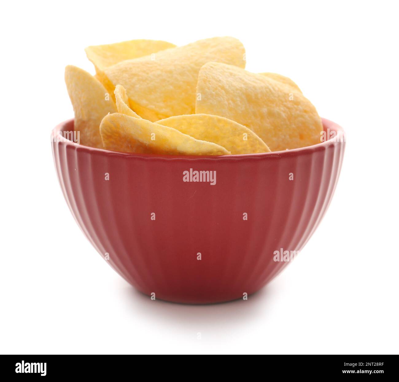 Bowl with delicious potato chips isolated on white background Stock ...