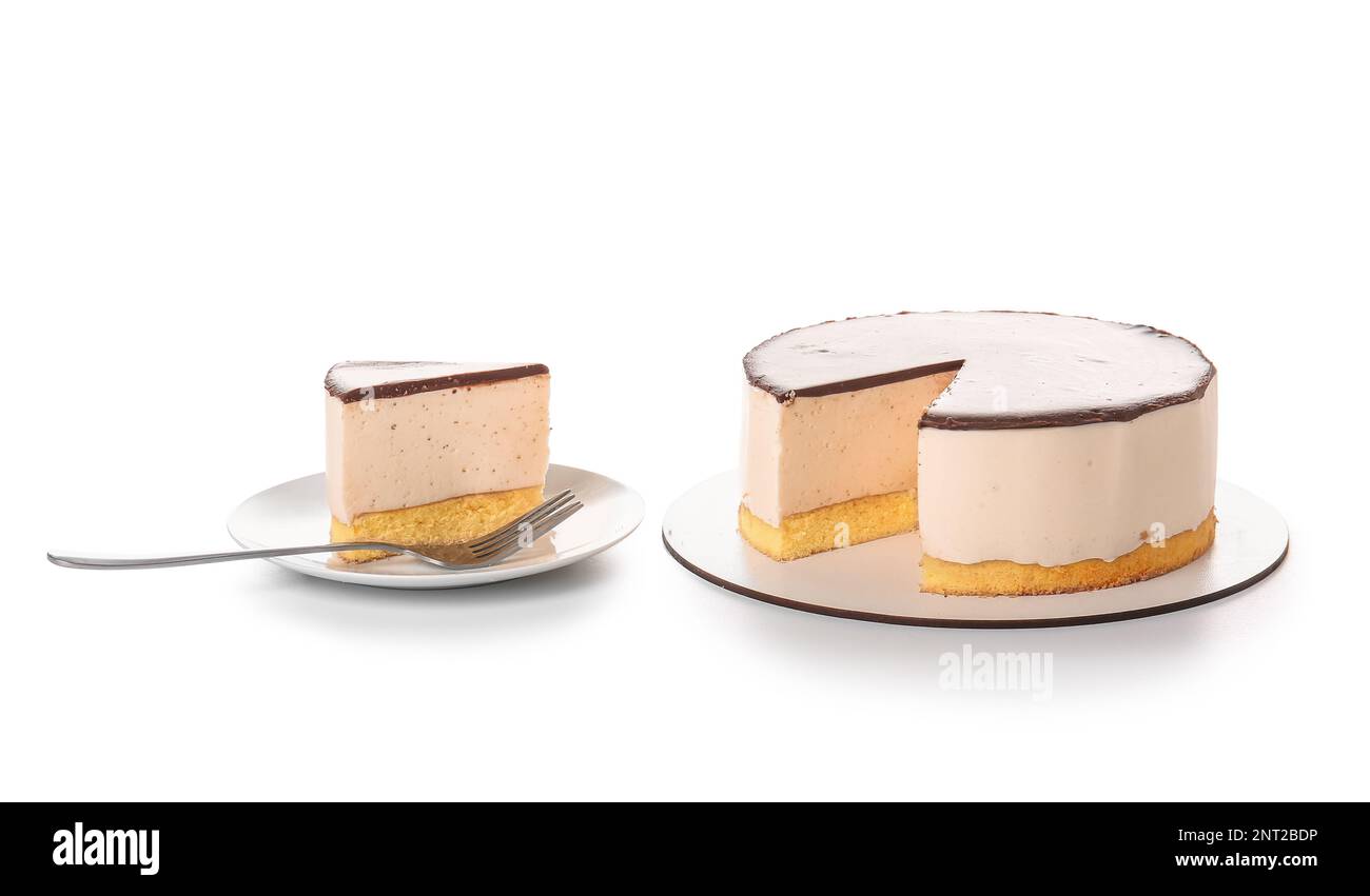 Delicious birds milk cake isolated on white background Stock Photo - Alamy