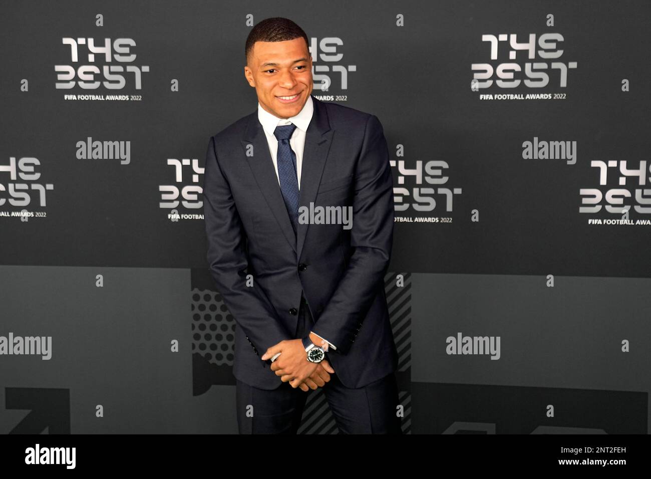 France's Kylian Mbappe poses on the green carpet before the ceremony of ...