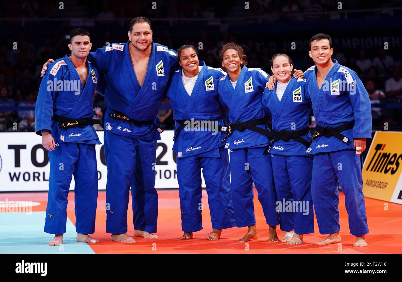 Members of Brazil celebrate after winning the teams bronze match of ...