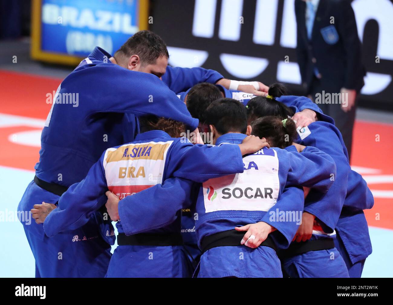 Members of Brazil celebrate after winning the teams bronze match of ...