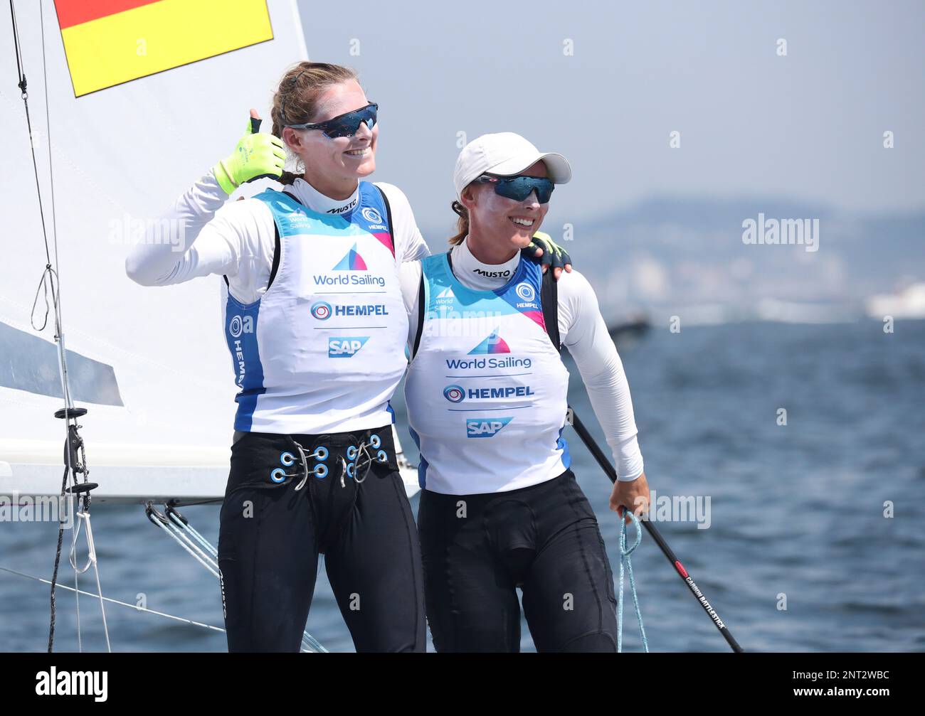 Germany's Frederike LOEWE (S) and Anna MARKFORT (C) react after ...