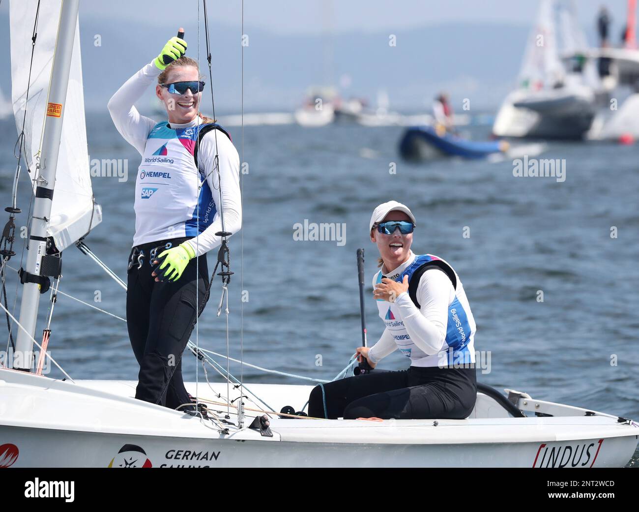 Germany's Frederike LOEWE (S) and Anna MARKFORT (C) react after ...