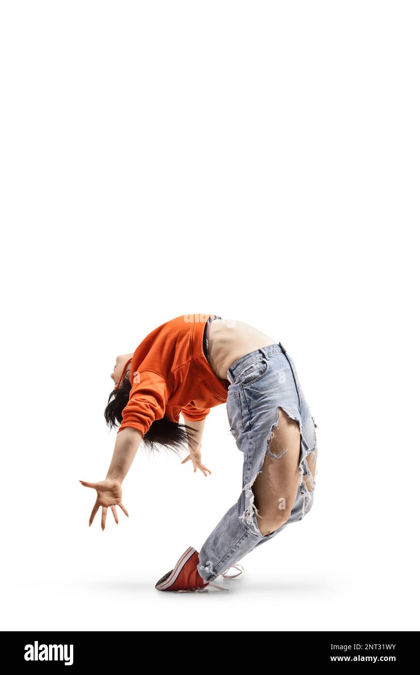 Young female performing a dancing bridge isolated on white background ...