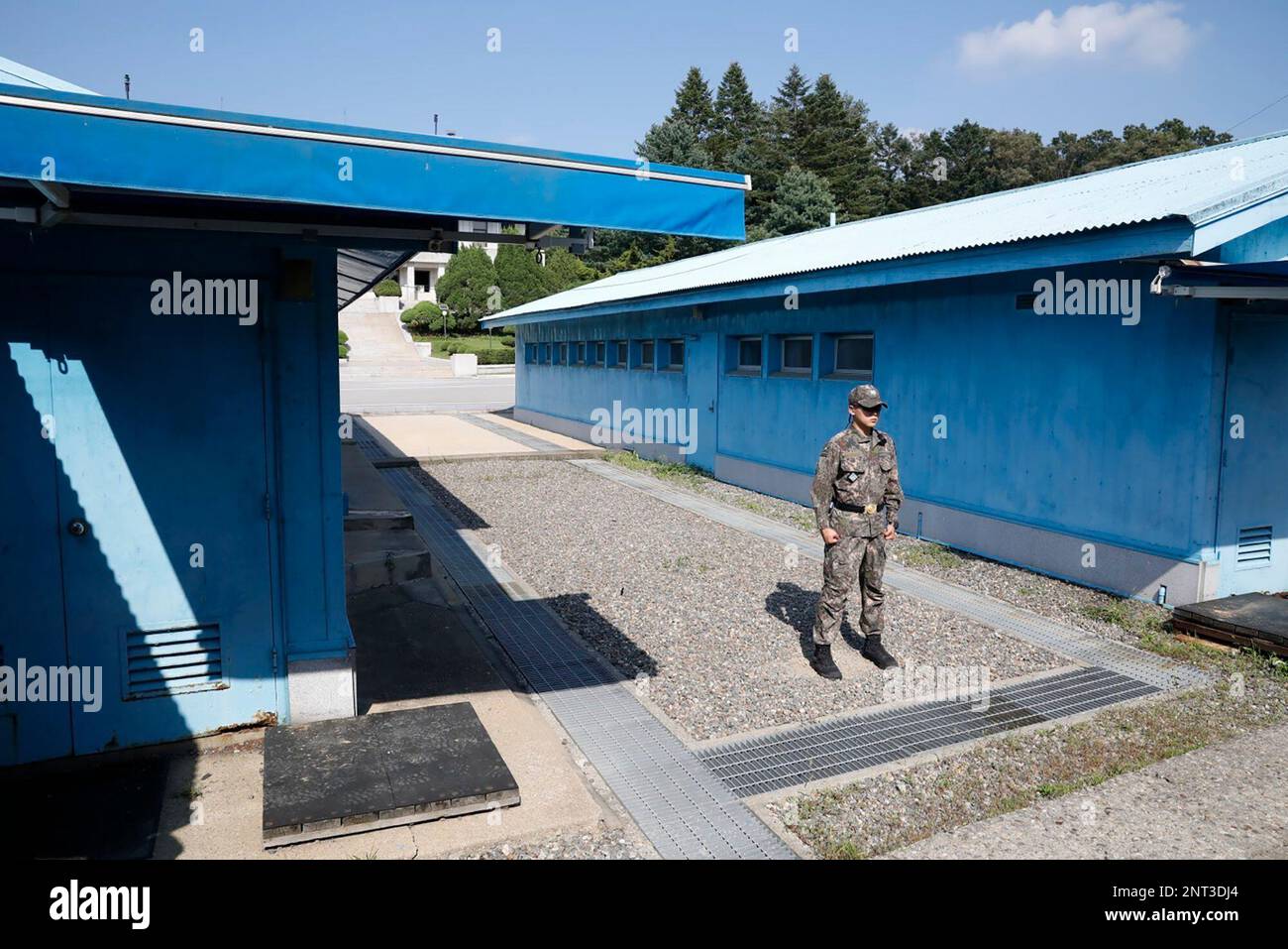 A South Korean soldier stands guard at the truce village of Panmunjom ...
