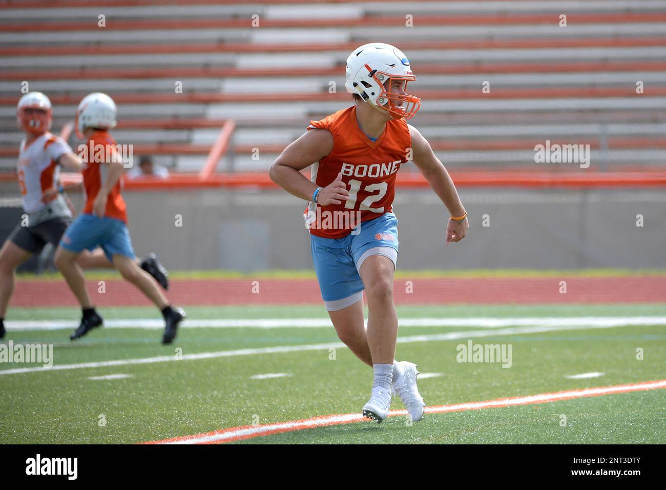 Boone high school linebacker Landon Nedabylek (12) follows a play ...