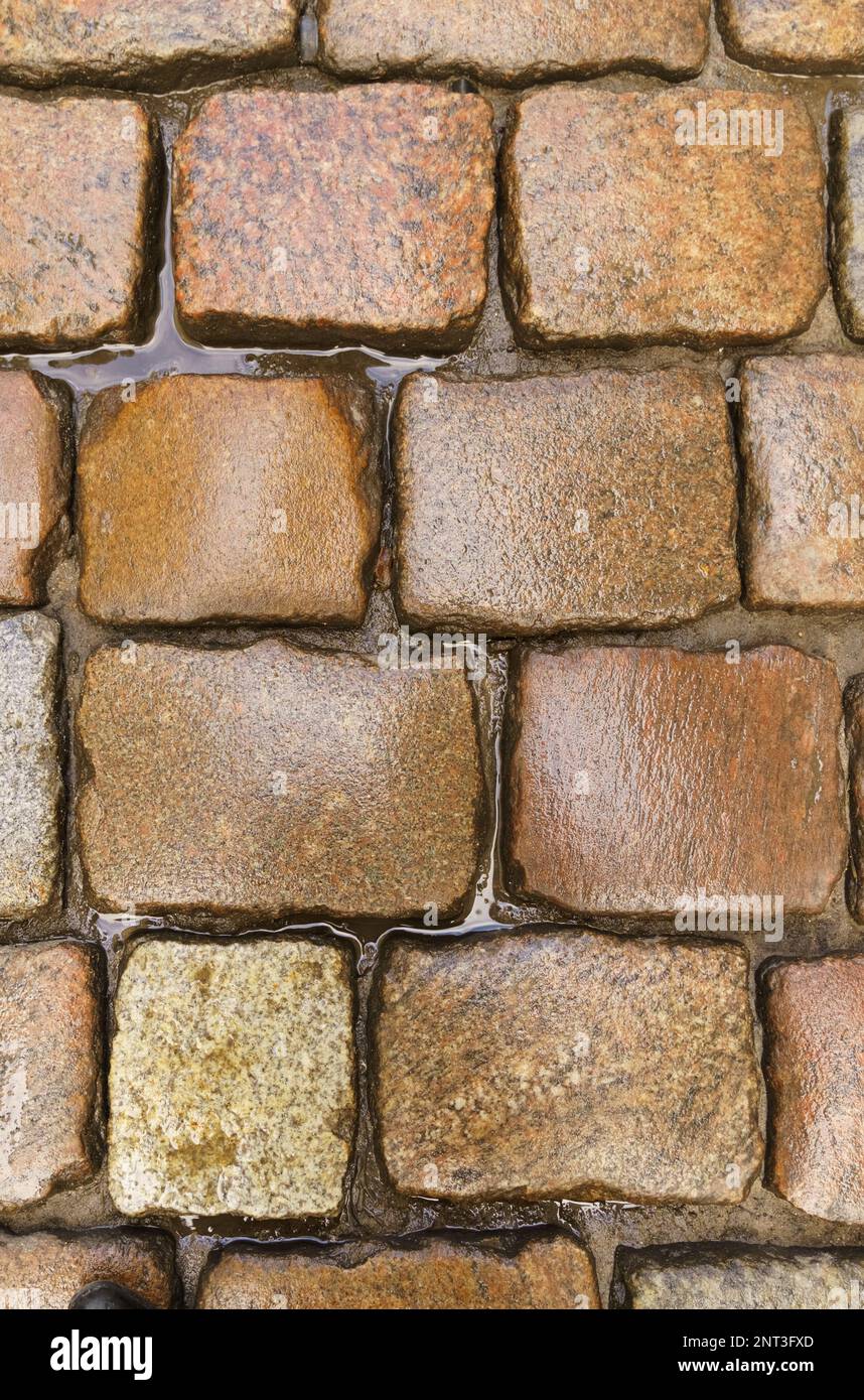 Wet stone pavement from blocks after rain. Texture, background ...