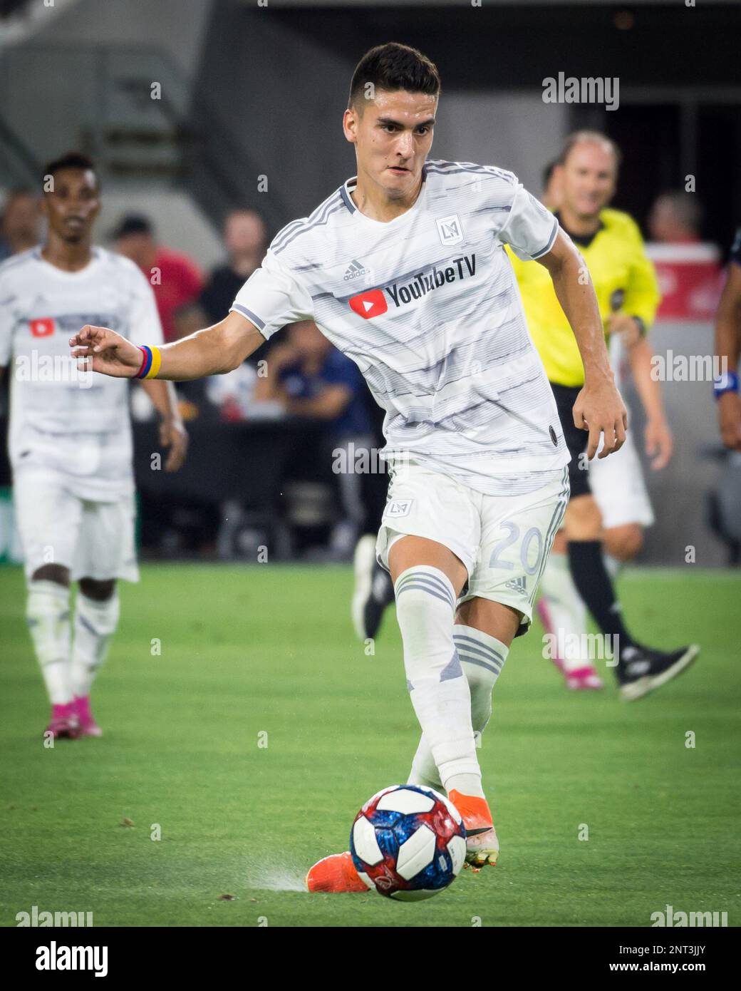 LAFC midfielder Eduard Atuesta (20) passes the ball during an MLS soccer match. LAFC defeated ...