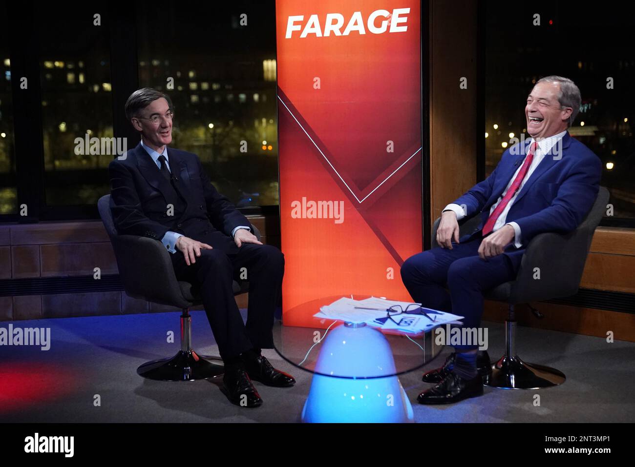 Nigel Farage (right) on his show talking to Jacob Rees-Mogg in the ...