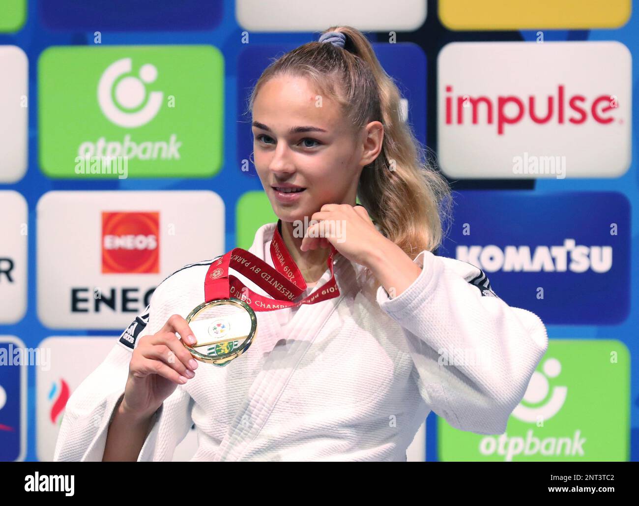 Daria BILODID of Ukraine celebrates during an awarding ceremony of ...