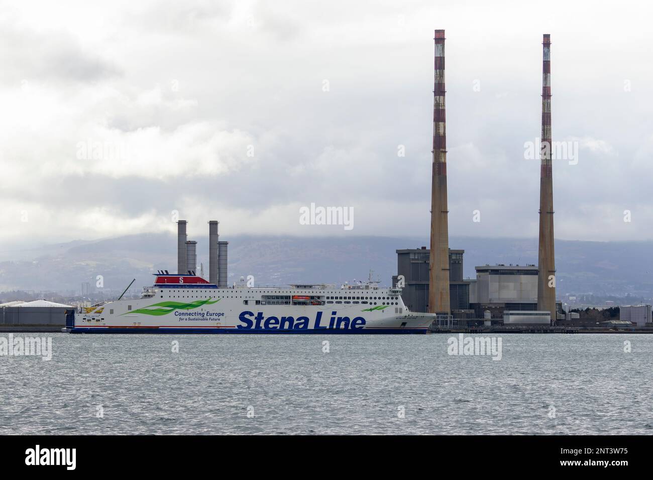 Stena Line ferry in Dublin bay sailing past landmark Poolbeg Chimney ...