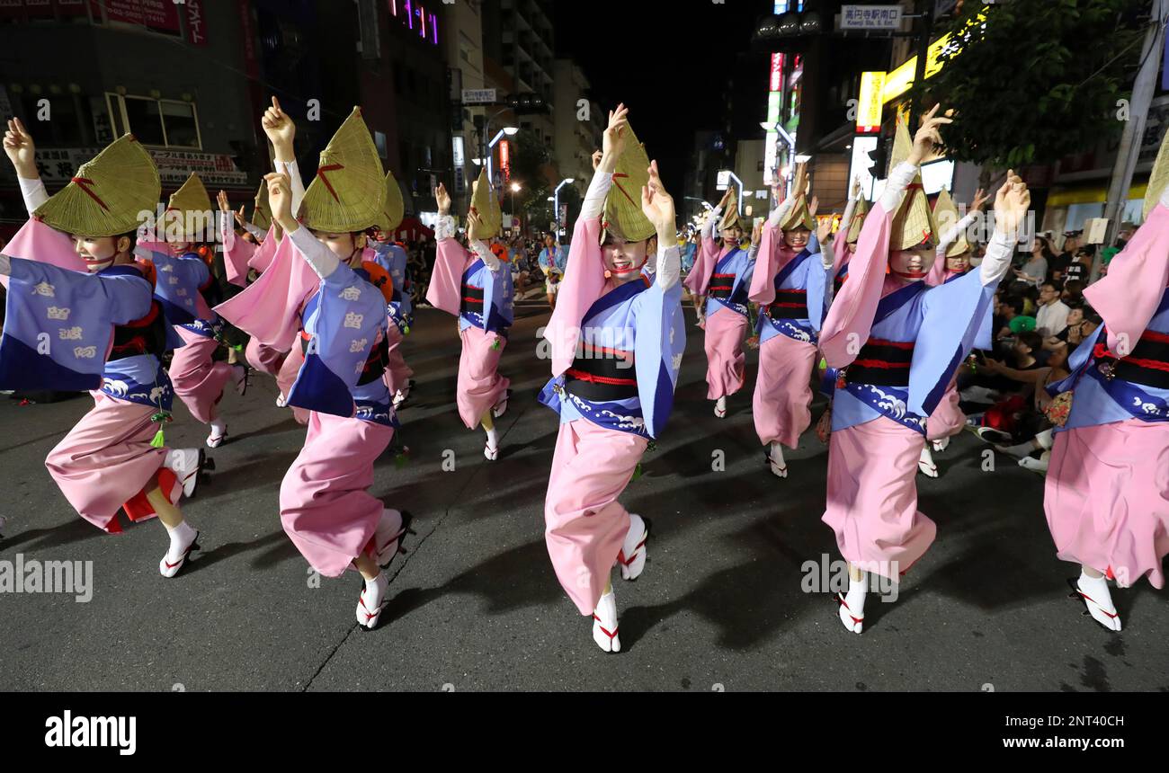 Dancers move to traditional hayashi music as part of the Tokyo Koenji ...