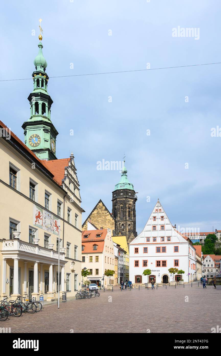 Main square with church tower and front of the town hall in Pirna ...